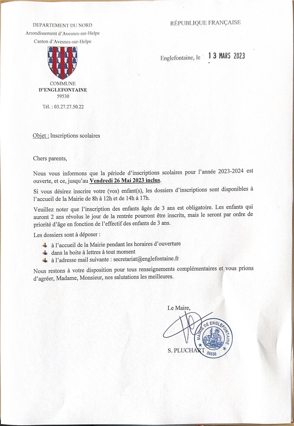 Inscription ECOLE JULES COPIN - Englefontaine